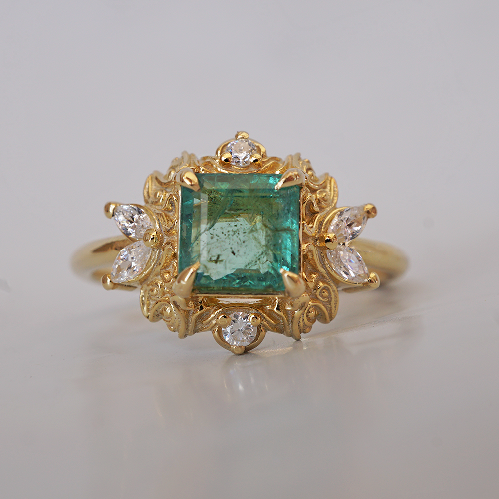 Gilded Grace Emerald Diamond Ring – Square Emerald & Vintage Gold ...