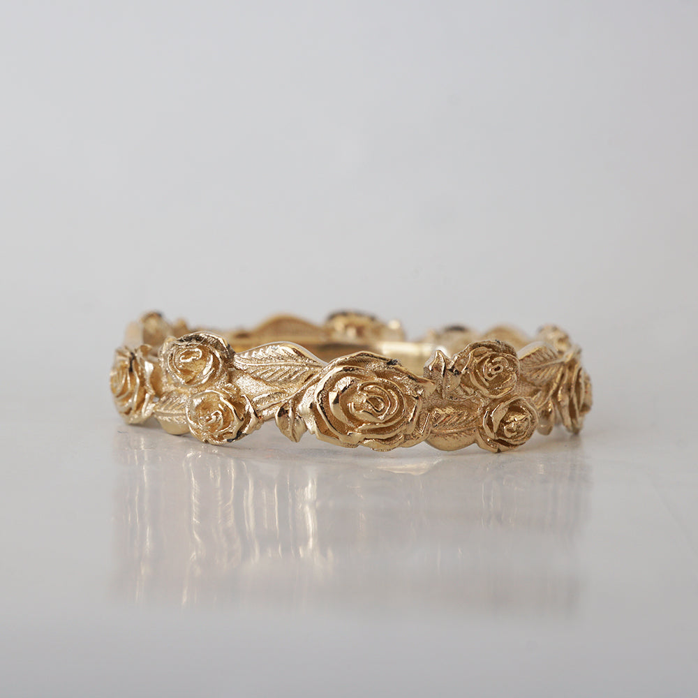 14K & 18K Gold Floral Roses Eternity Band – Sculpted Rose Gold Ring ...
