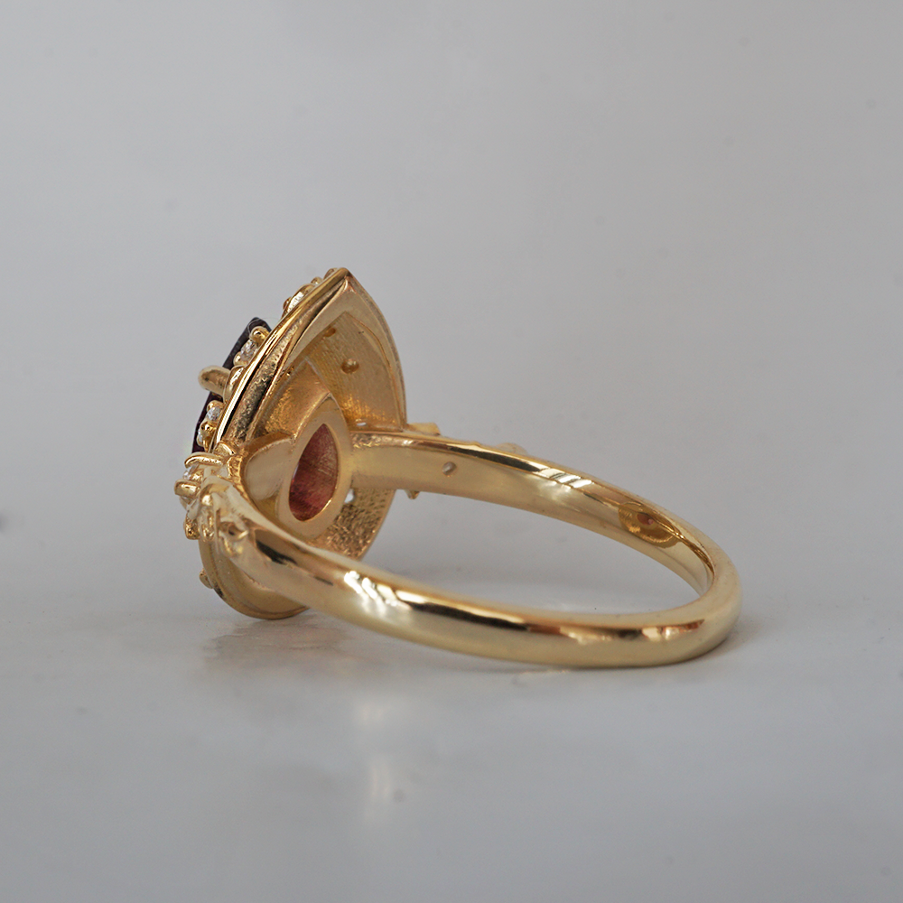 Rose of Garnet Diamond Ring – Pear Garnet & Hand-Carved Rose Leaf Gold ...