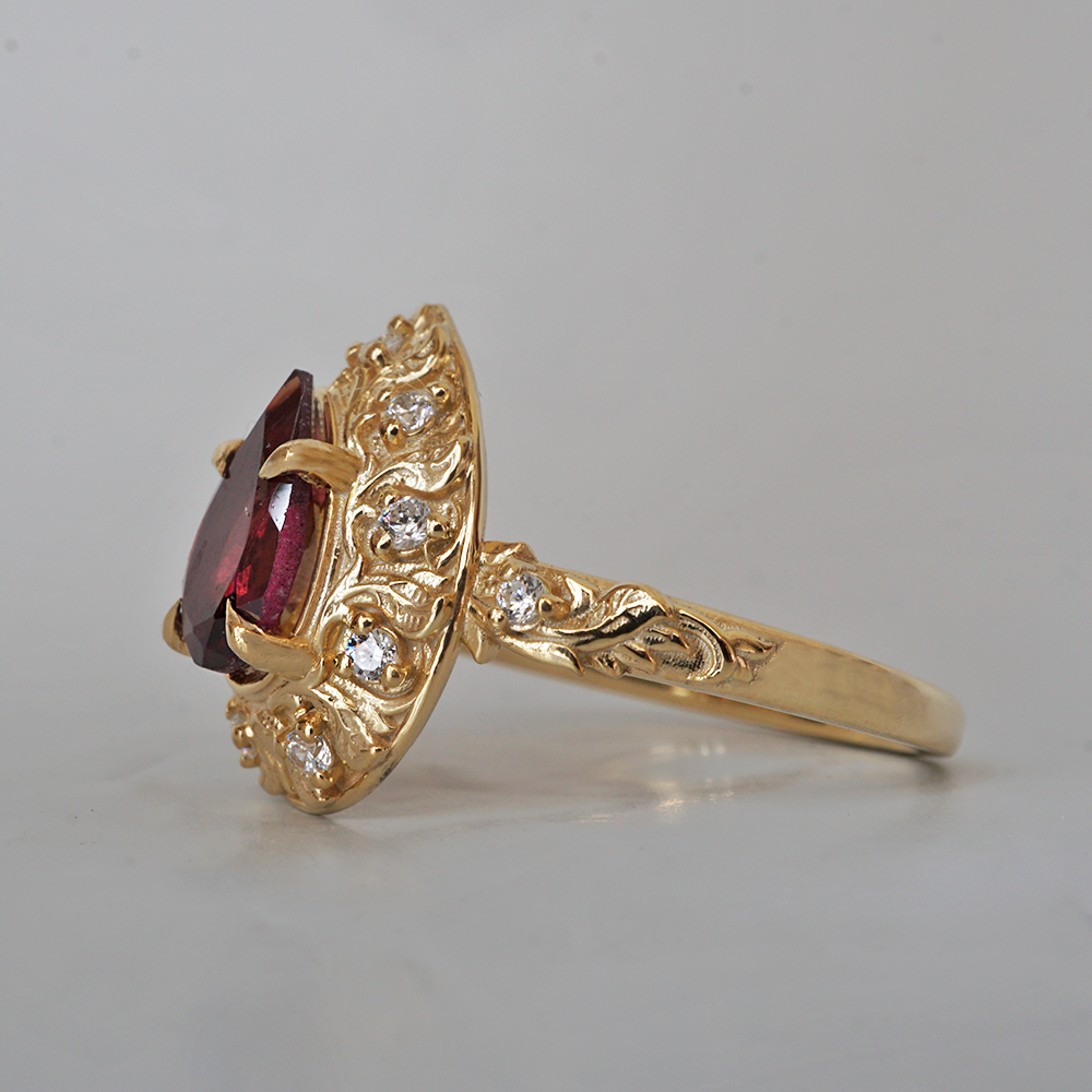 Rose of Garnet Diamond Ring – Pear Garnet & Hand-Carved Rose Leaf Gold ...