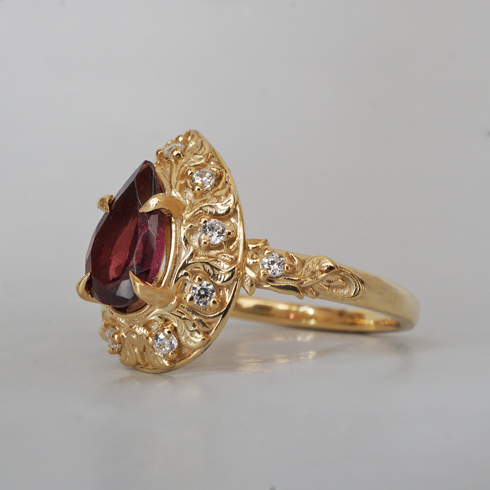 Rose of Garnet Diamond Ring – Pear Garnet & Hand-Carved Rose Leaf Gold ...