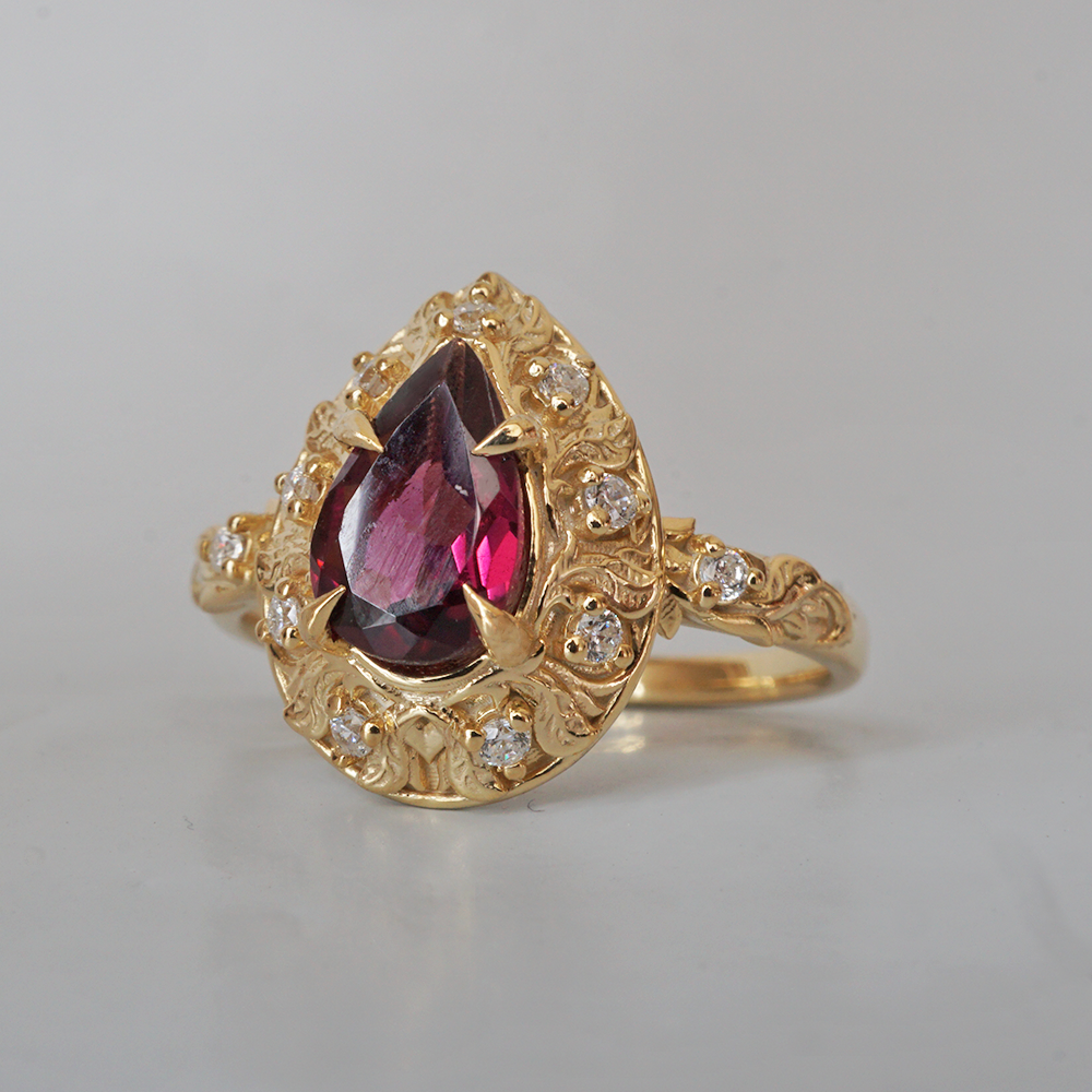 Rose of Garnet Diamond Ring – Pear Garnet & Hand-Carved Rose Leaf Gold ...