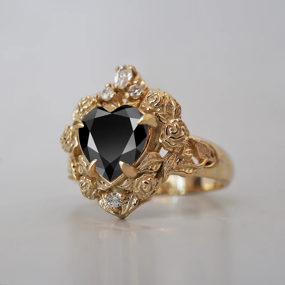 Onyx Heart Rosy Diamond Ring – Gothic Romance & Sculpted Rose Design ...