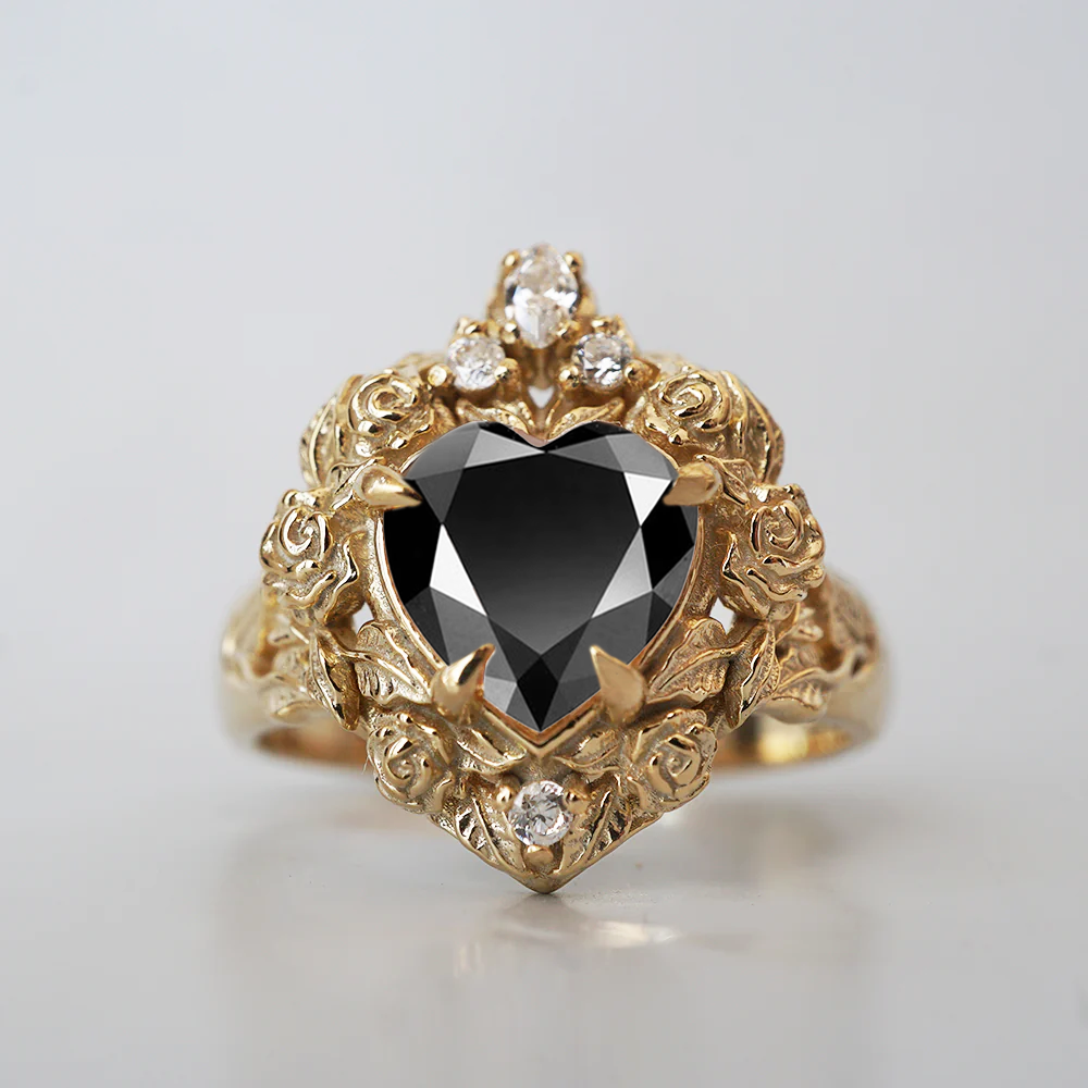 Onyx Heart Rosy Diamond Ring – Gothic Romance & Sculpted Rose Design ...
