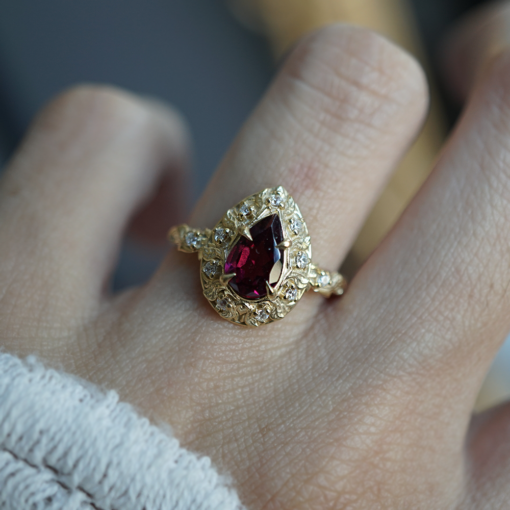 Rose of Garnet Diamond Ring – Pear Garnet & Hand-Carved Rose Leaf Gold ...