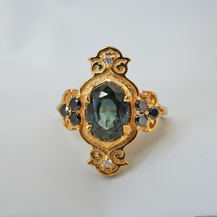 Limited Edition: Teal Sapphire Sands of Time Black Diamond Ring in 14K