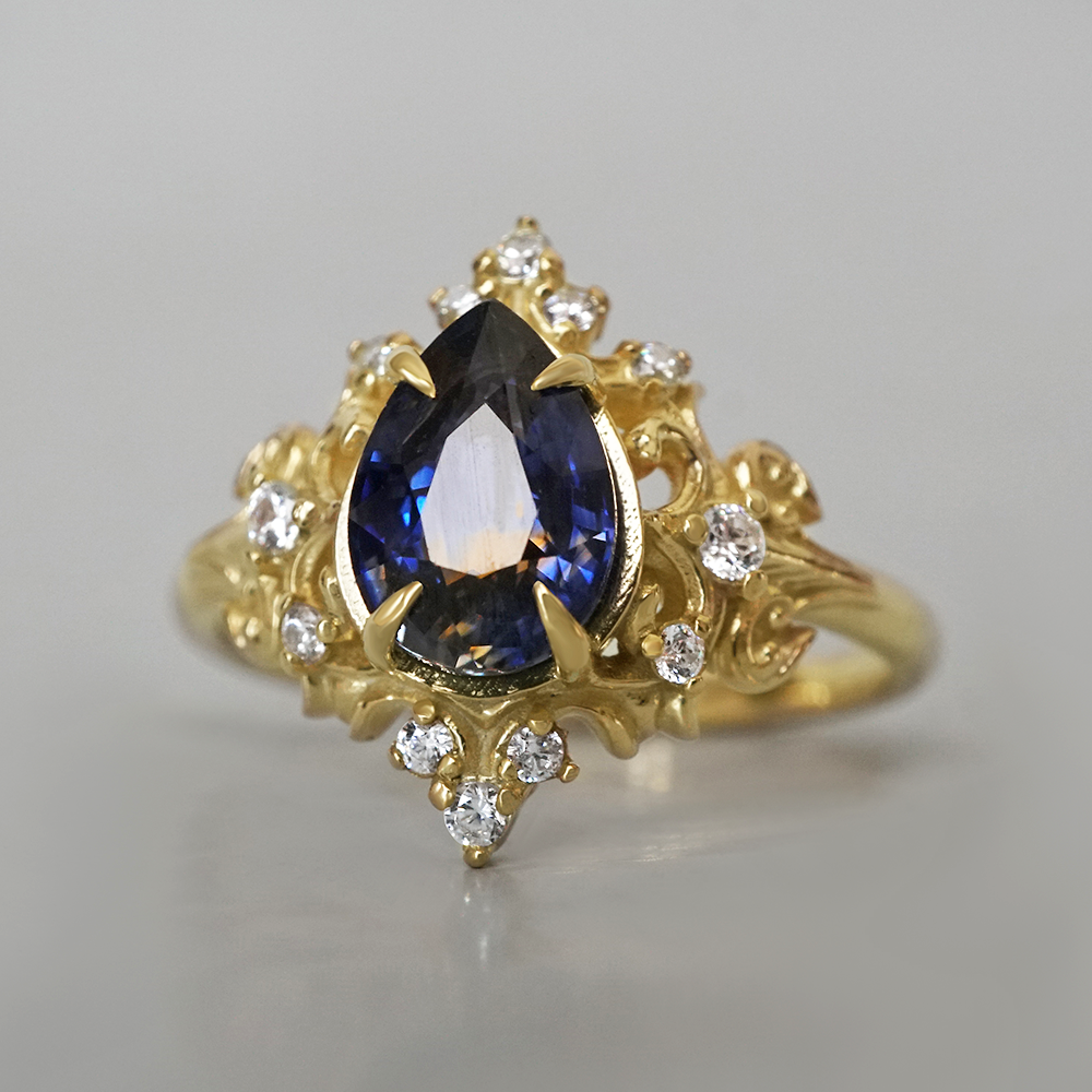 14K & 18K Gold Starfall Ring – Bicolor Sapphire Pear & Diamond Halo ...