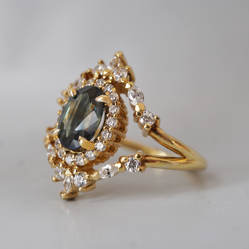 Teal Sapphire Ocean Ring – Natural Teal Sapphire & Diamond Ring in 14K ...
