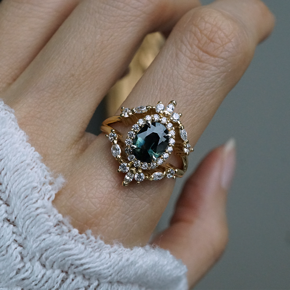 Teal Sapphire Ocean Ring – Natural Teal Sapphire & Diamond Ring in 14K ...