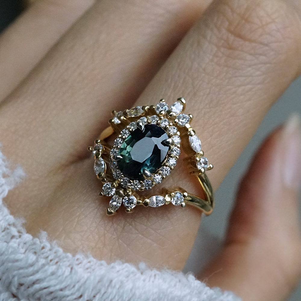 Teal Sapphire Ocean Ring – Natural Teal Sapphire & Diamond Ring in 14K ...