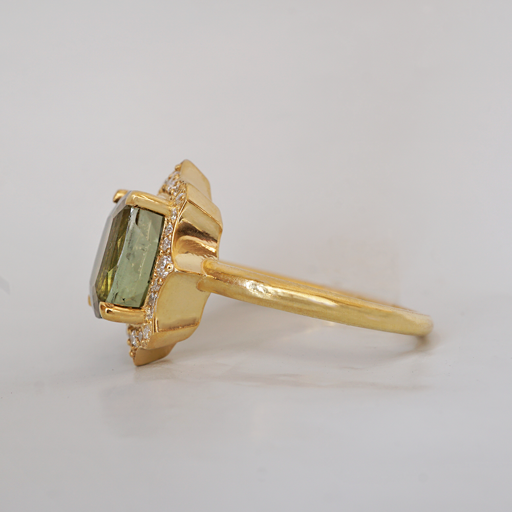 One Of A Kind: Green Tourmaline Verdant Crown Diamond Ring in 14K and