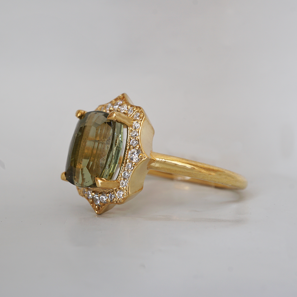 One Of A Kind: Green Tourmaline Verdant Crown Diamond Ring in 14K and