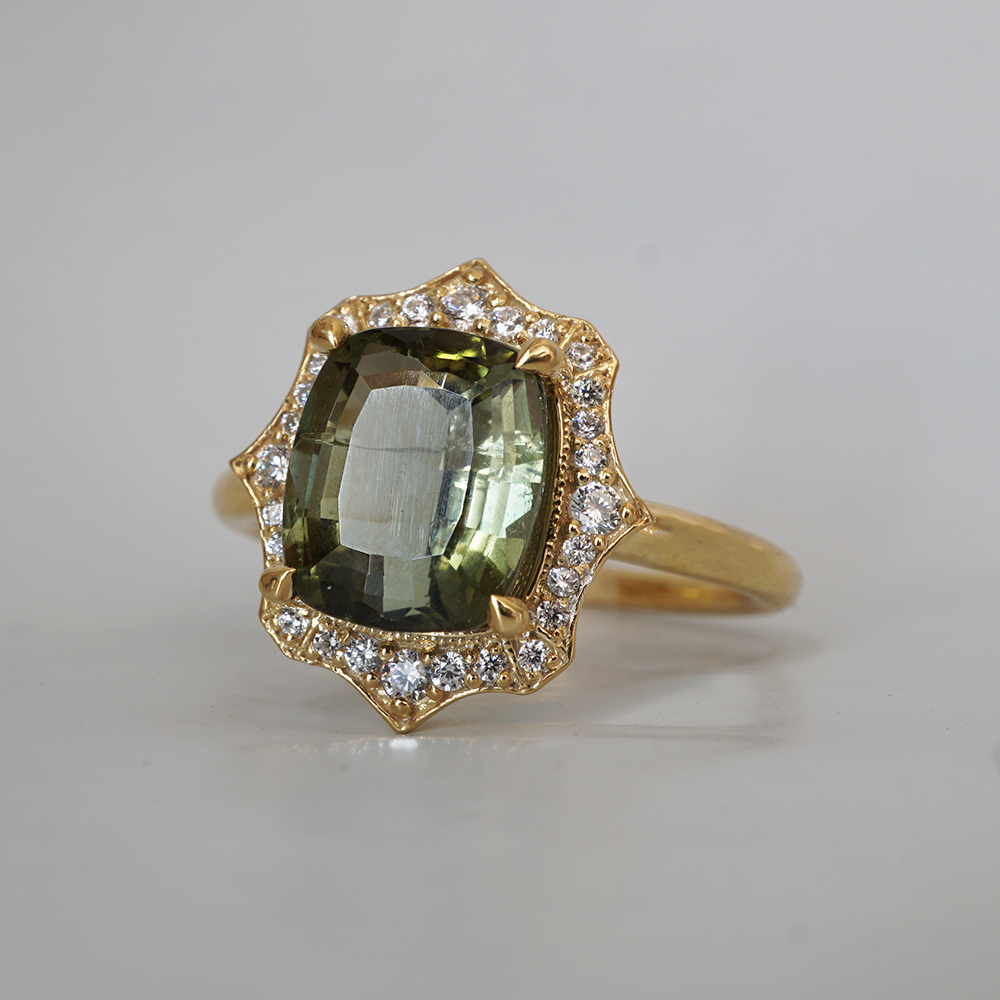 One Of A Kind: Green Tourmaline Verdant Crown Diamond Ring in 14K and