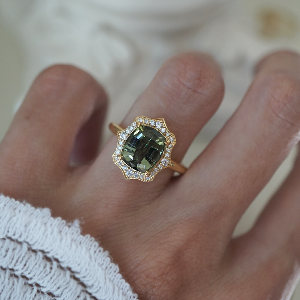 One Of A Kind: Green Tourmaline Verdant Crown Diamond Ring in 14K and
