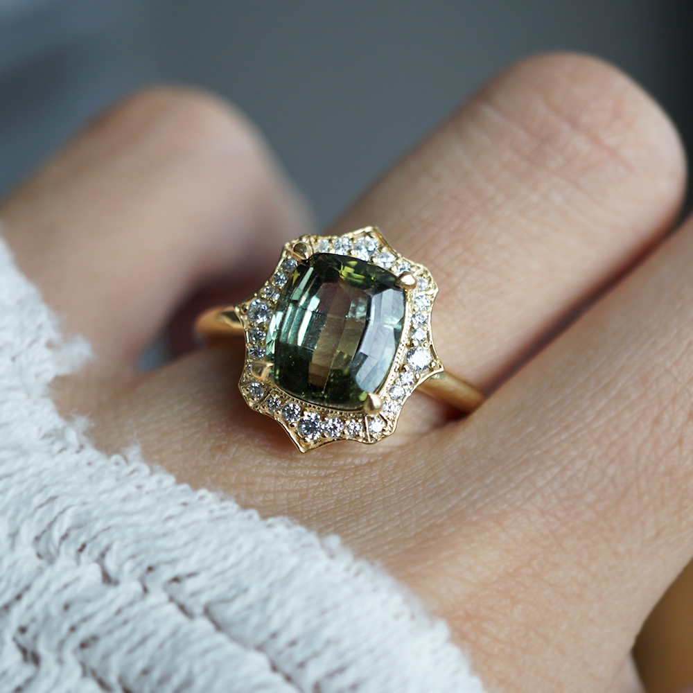One Of A Kind: Green Tourmaline Verdant Crown Diamond Ring in 14K and