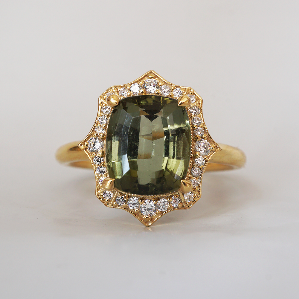 One Of A Kind: Green Tourmaline Verdant Crown Diamond Ring in 14K and