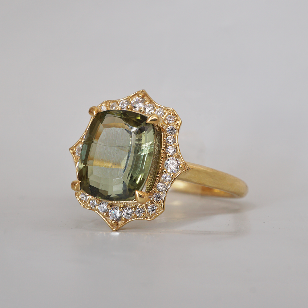 One Of A Kind: Green Tourmaline Verdant Crown Diamond Ring in 14K and