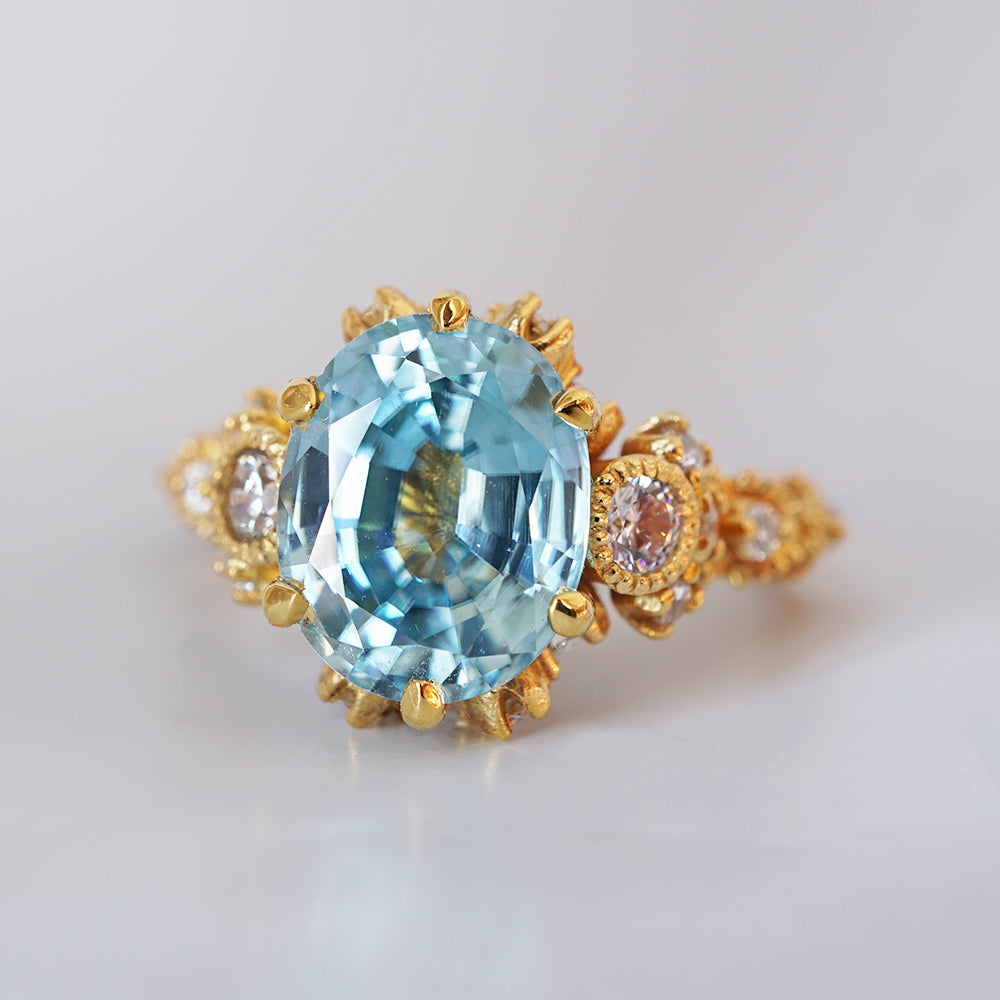 14K Gold Blue Zircon Queen Victoria Diamond Ring – Natural Blue Zircon ...