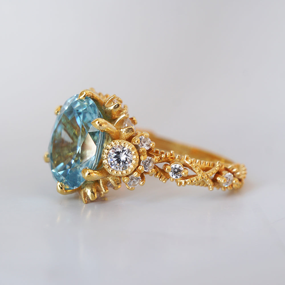 14K Gold Blue Zircon Queen Victoria Diamond Ring – Natural Blue Zircon ...