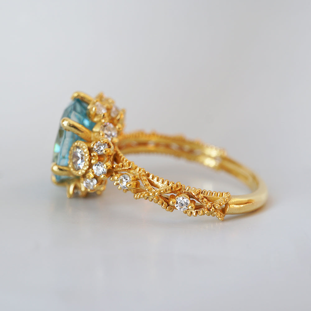 14K Gold Blue Zircon Queen Victoria Diamond Ring – Natural Blue Zircon ...