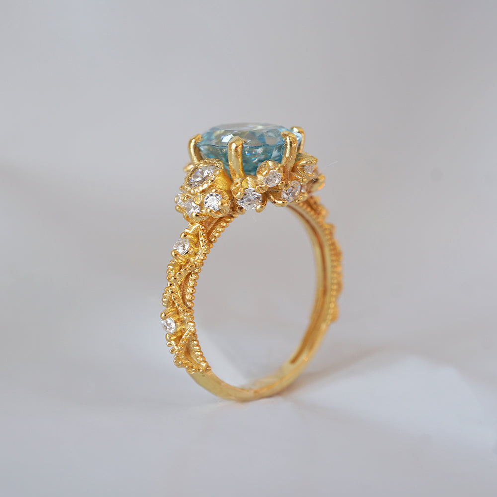 14K Gold Blue Zircon Queen Victoria Diamond Ring – Natural Blue Zircon ...