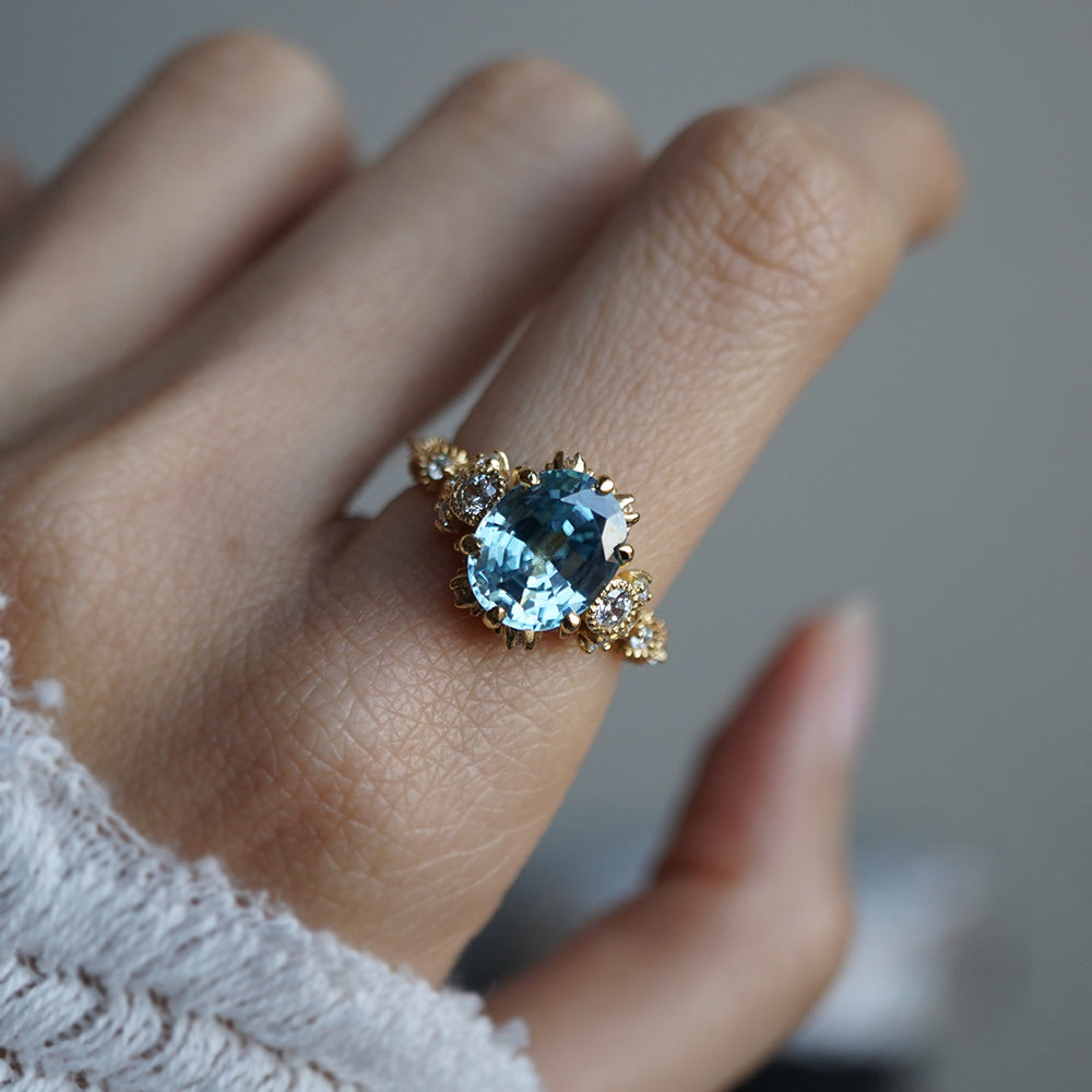 14K Gold Blue Zircon Queen Victoria Diamond Ring – Natural Blue Zircon ...