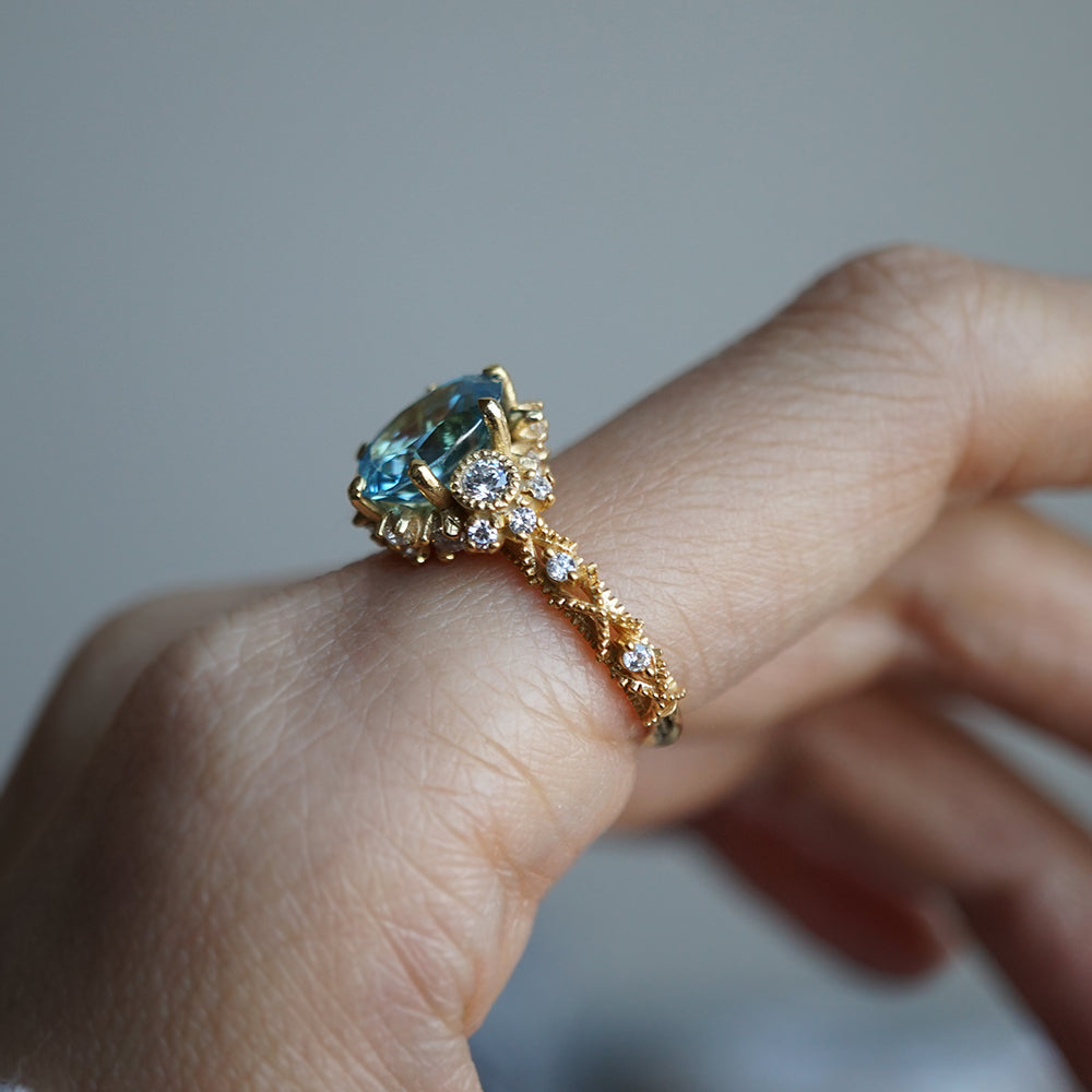 One Of A Kind: 2.54ct Blue Zircon Queen Victoria Diamond Ring in 14K a