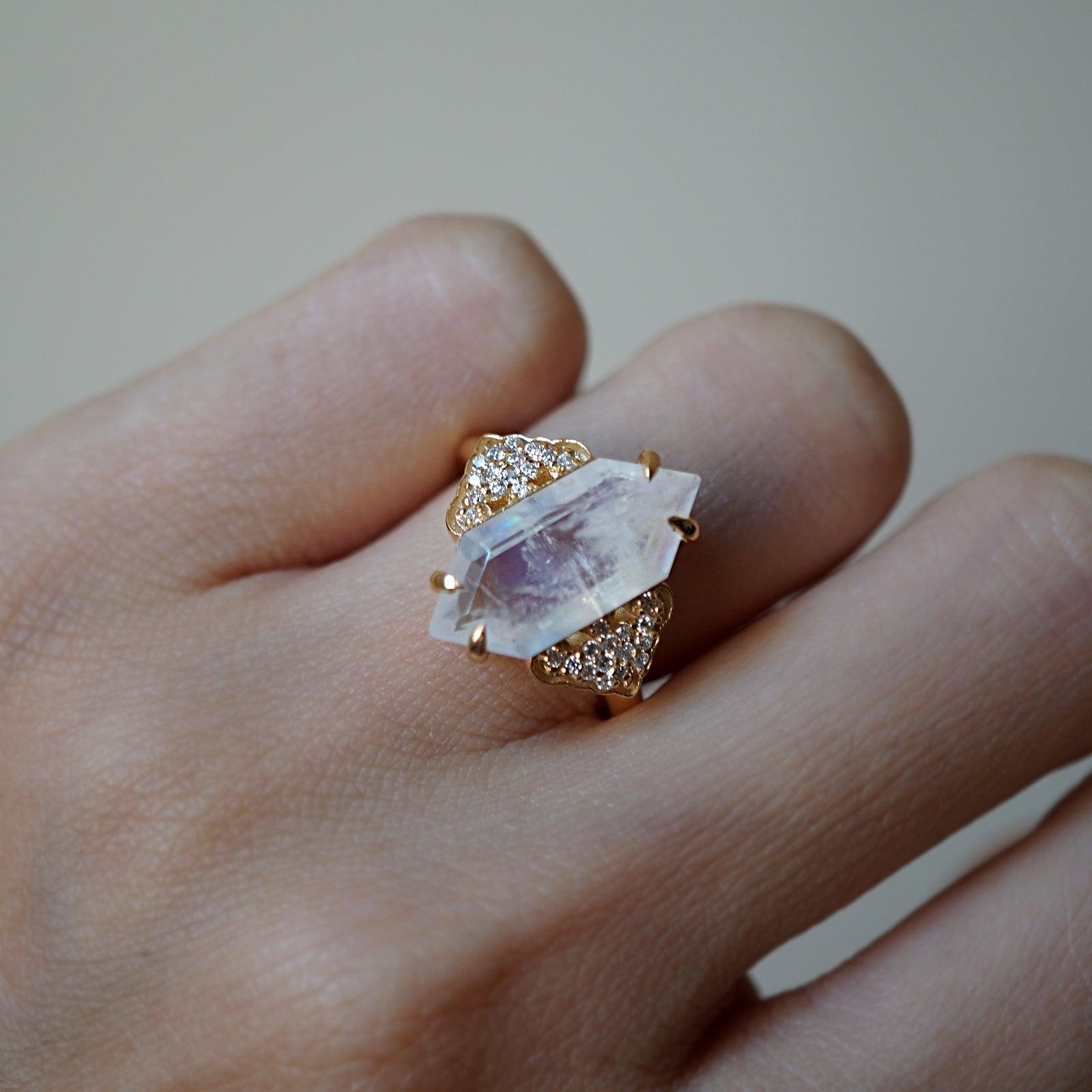 Frozen Moonstone Diamond Ring in 14K and 18K Gold