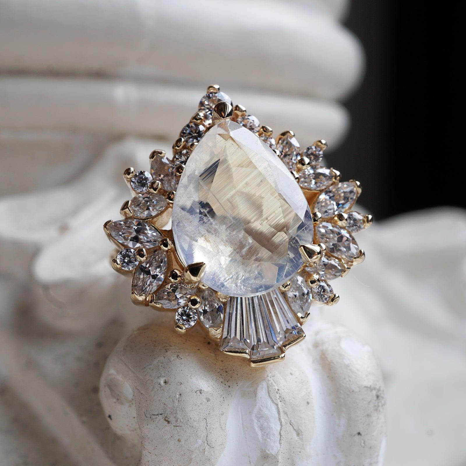 14K Gold Halls of Mirror Ring – Moonstone & Diamond Versailles-Inspired ...