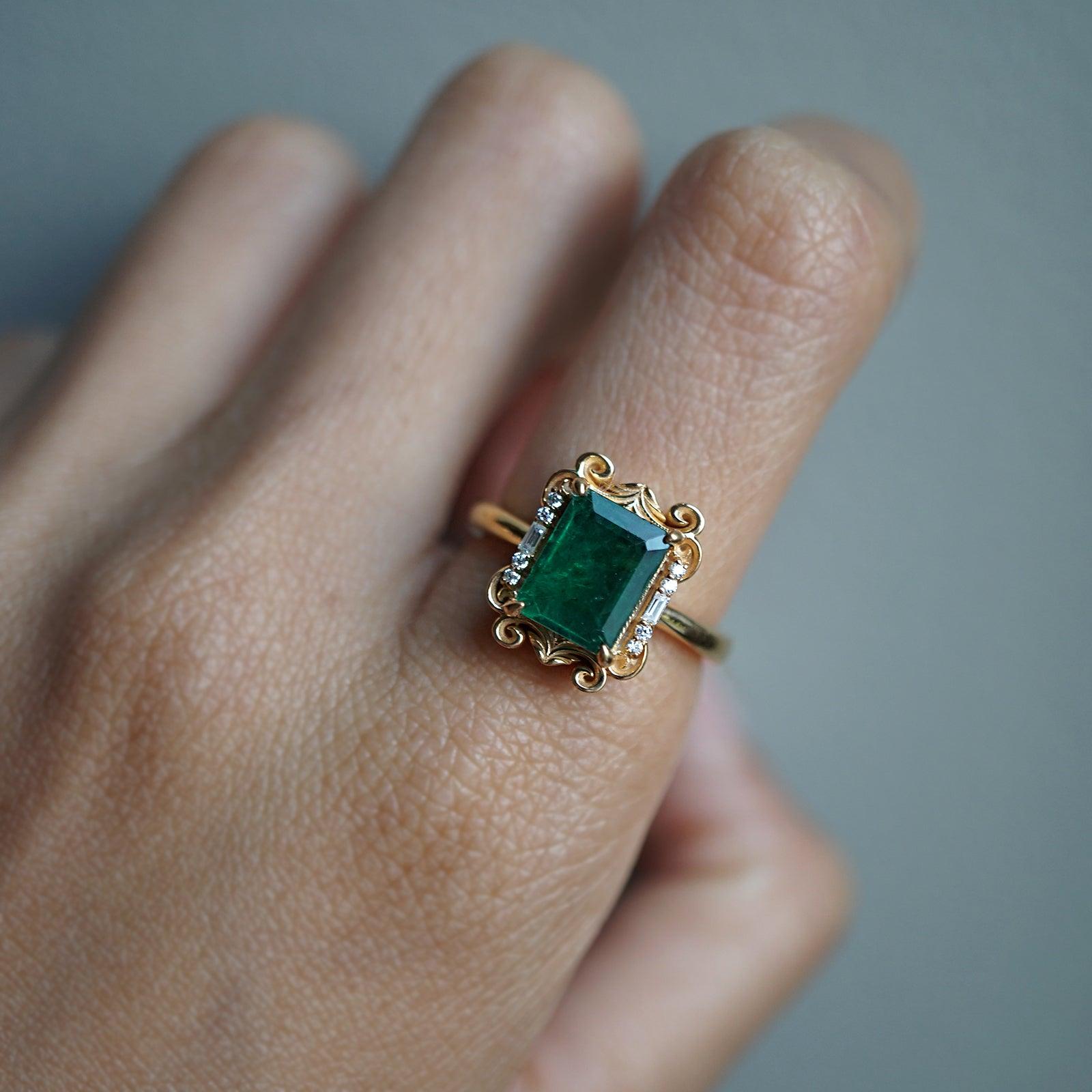Isis Emerald Scroll Diamond Ring in 14K and 18K Gold