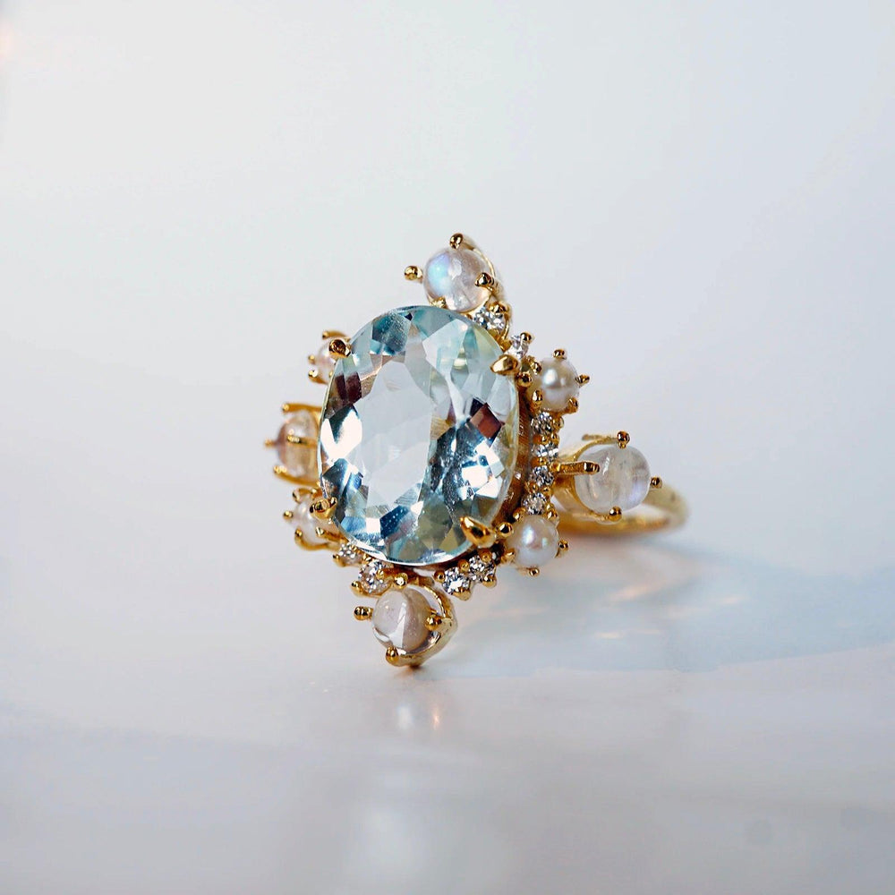 Aquamarine Elsa Moonstone Pearl Diamond Ring – Tippy Taste Jewelry