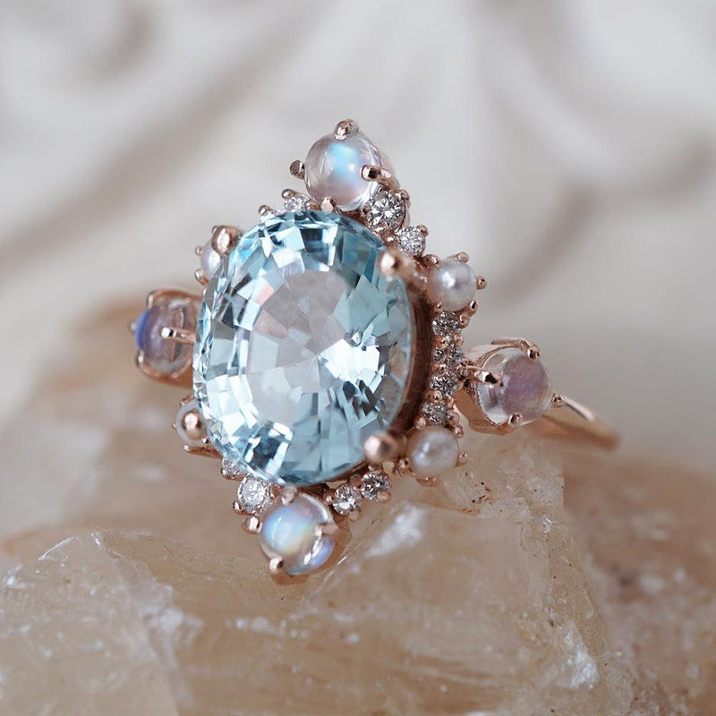 Aquamarine Elsa Moonstone Pearl Diamond Ring – Tippy Taste Jewelry