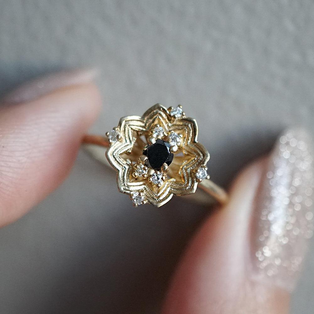 14K & 18K Gold Gothic Rose Diamond Ring – Black & White Diamond Rose ...