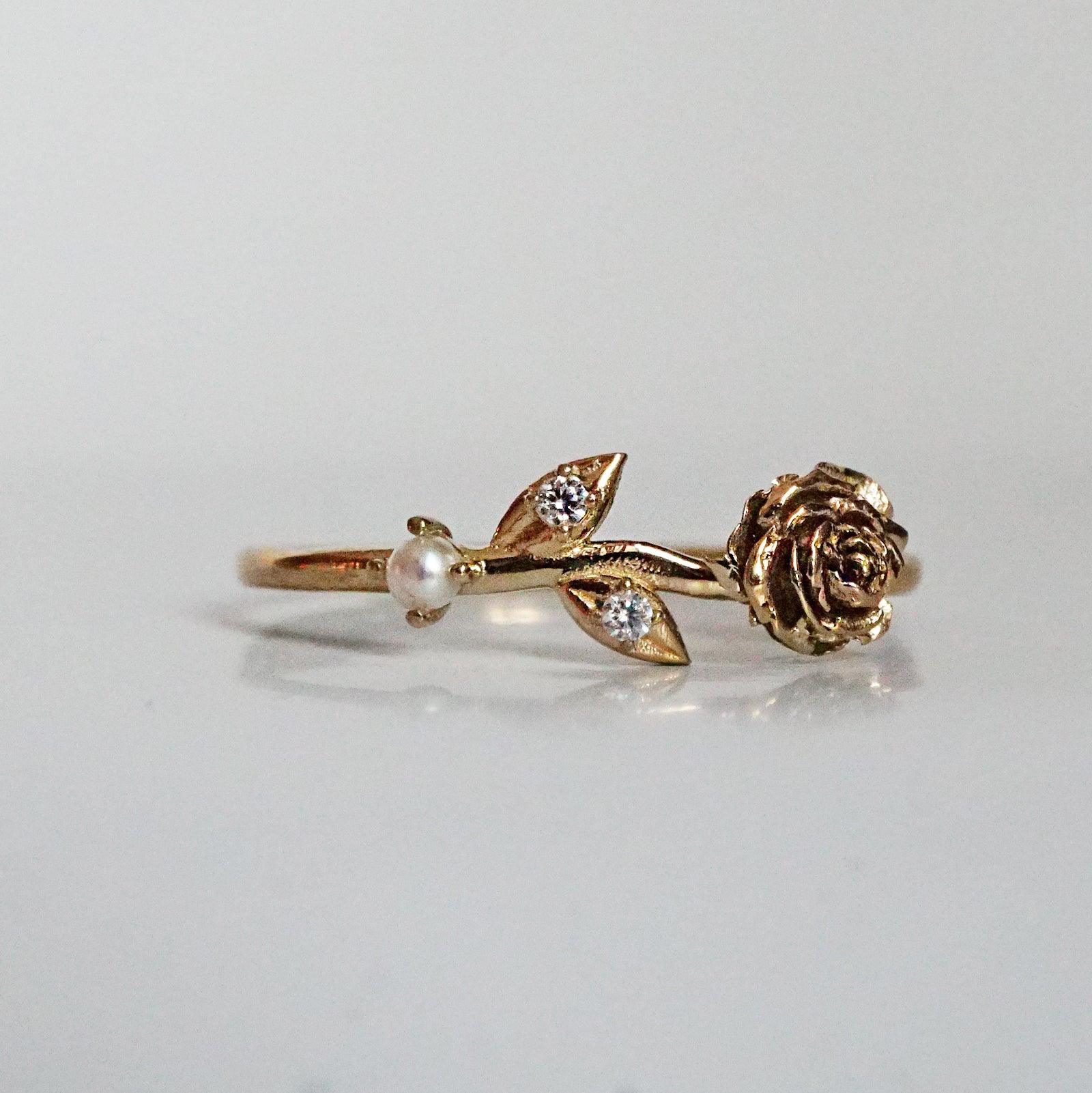 June Birth Flower Ring – Rose & Pearl Birthstone in 14K Gold | Tippy Taste