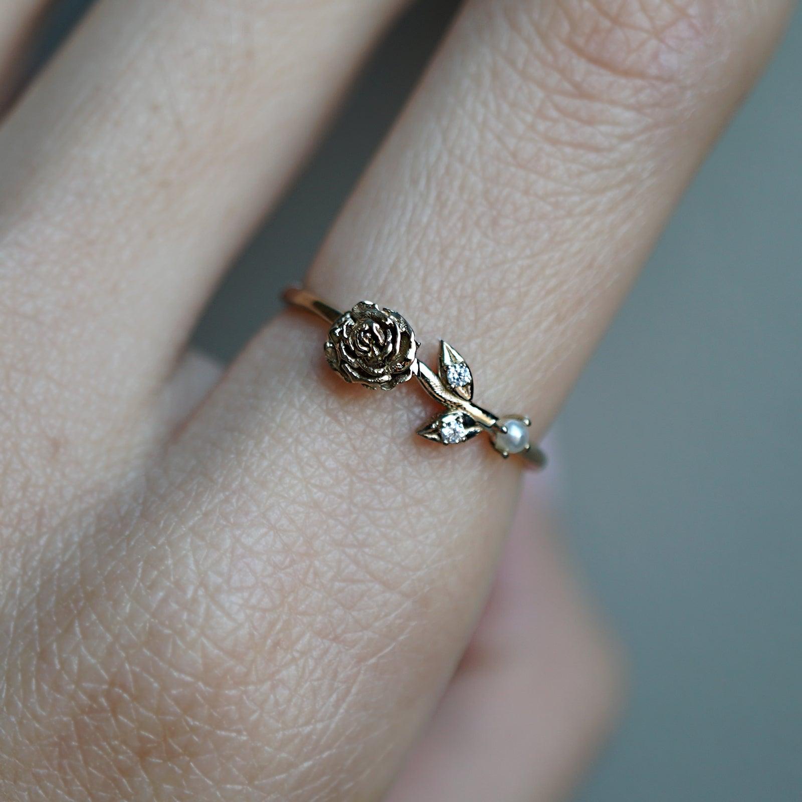June Birth Flower Ring – Rose & Pearl Birthstone in 14K Gold | Tippy Taste